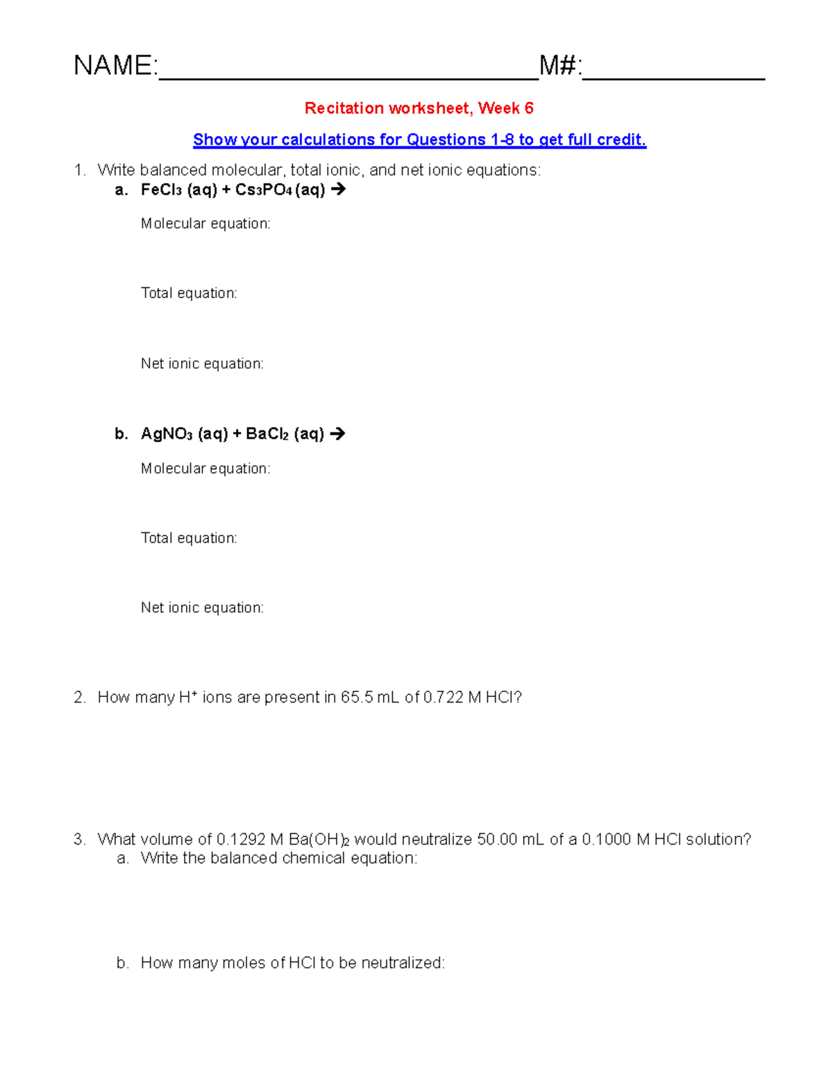 Worksheet 6 - Recitation: Ionic Equations & Reactions Analysis - Studocu