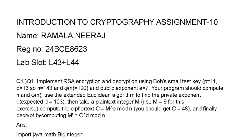 Introduction to Cryptography Lab: RSA Implementation and Verification ...