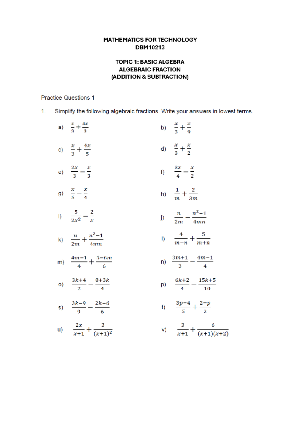 Topic 1 - Practise for Addition and Subtraction - Mathematic for ...