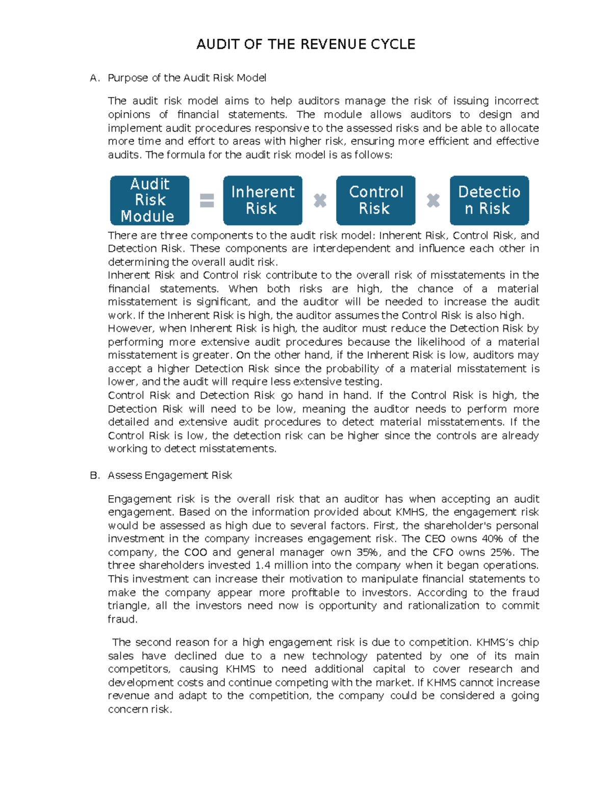 Audit of The Revenue Cycle - A. Purpose of the Audit Risk Model The ...