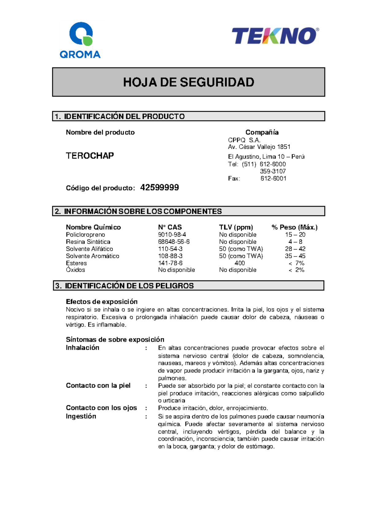 Ficha de Seguridad de Terochap - Producto CPPQ S. - Studocu