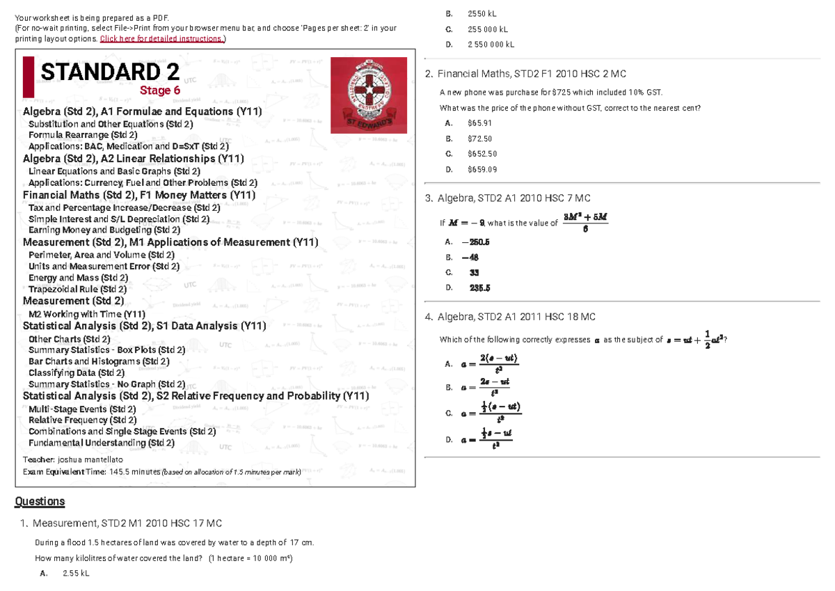 Year 11 Financial Maths & Measurement Revision, STD2 HSC 2010-2018 ...