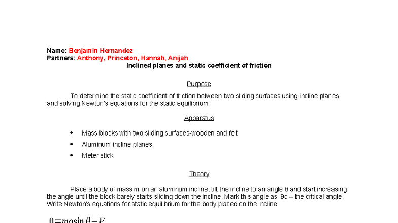 Static Coefficient of Friction Lab Report: Inclined Planes Experiment ...