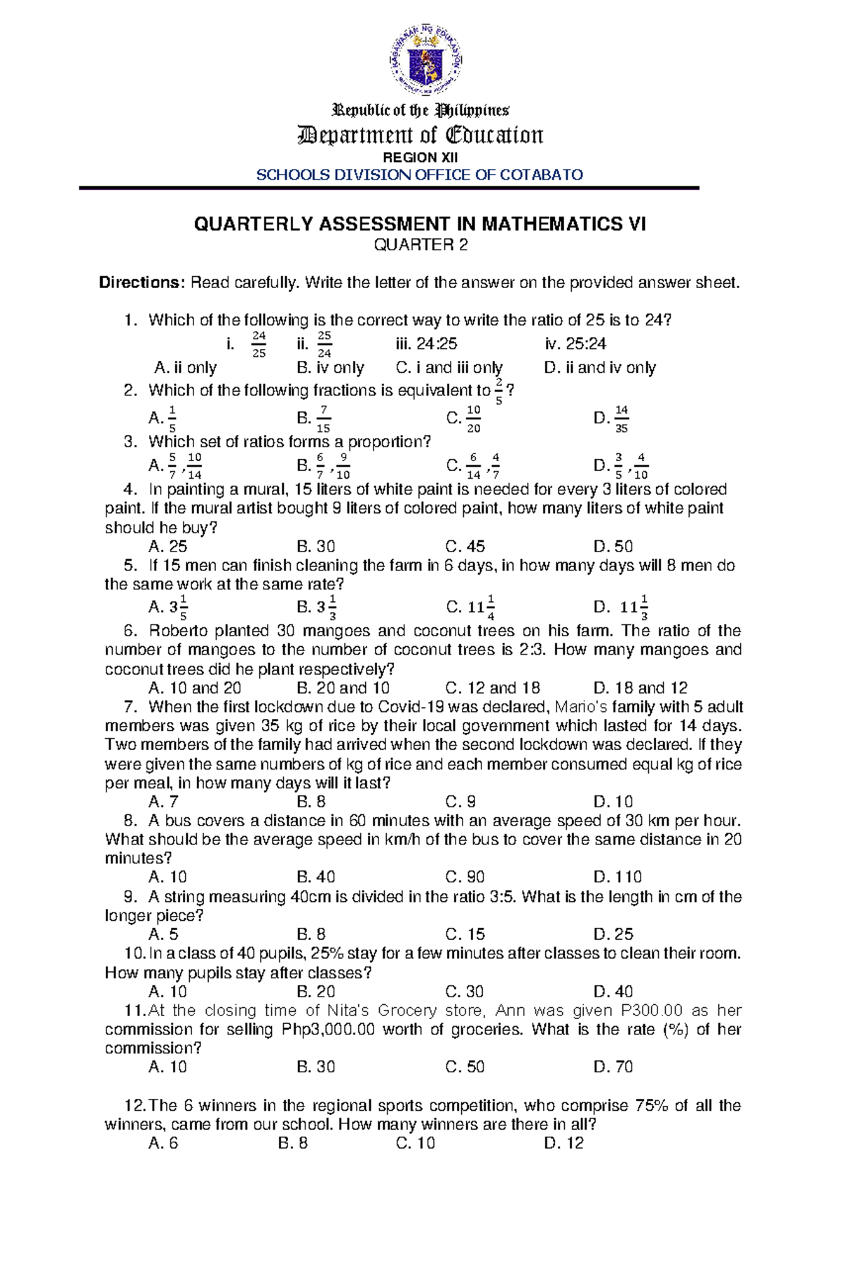 Math Grade 6 Quarterly Assessment - 2nd Quarter Exam - Studocu