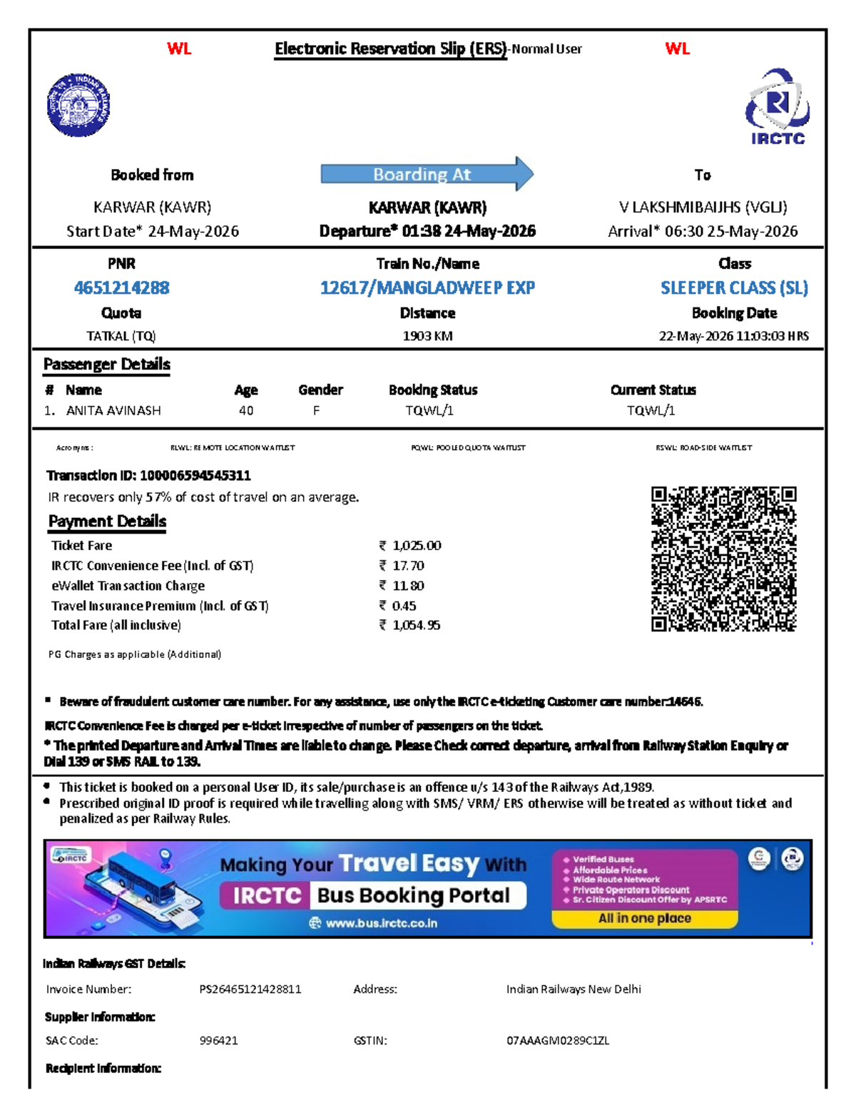 WL Electronic Reservation Slip for Train 4651214288 - KARWAR to VGLJ ...
