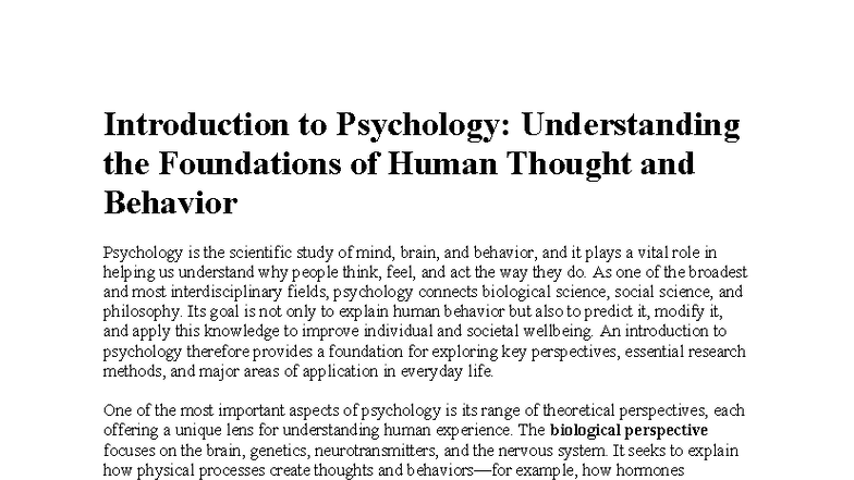 PSY101: Intro to Psychology - Foundations of Human Thought - Studocu