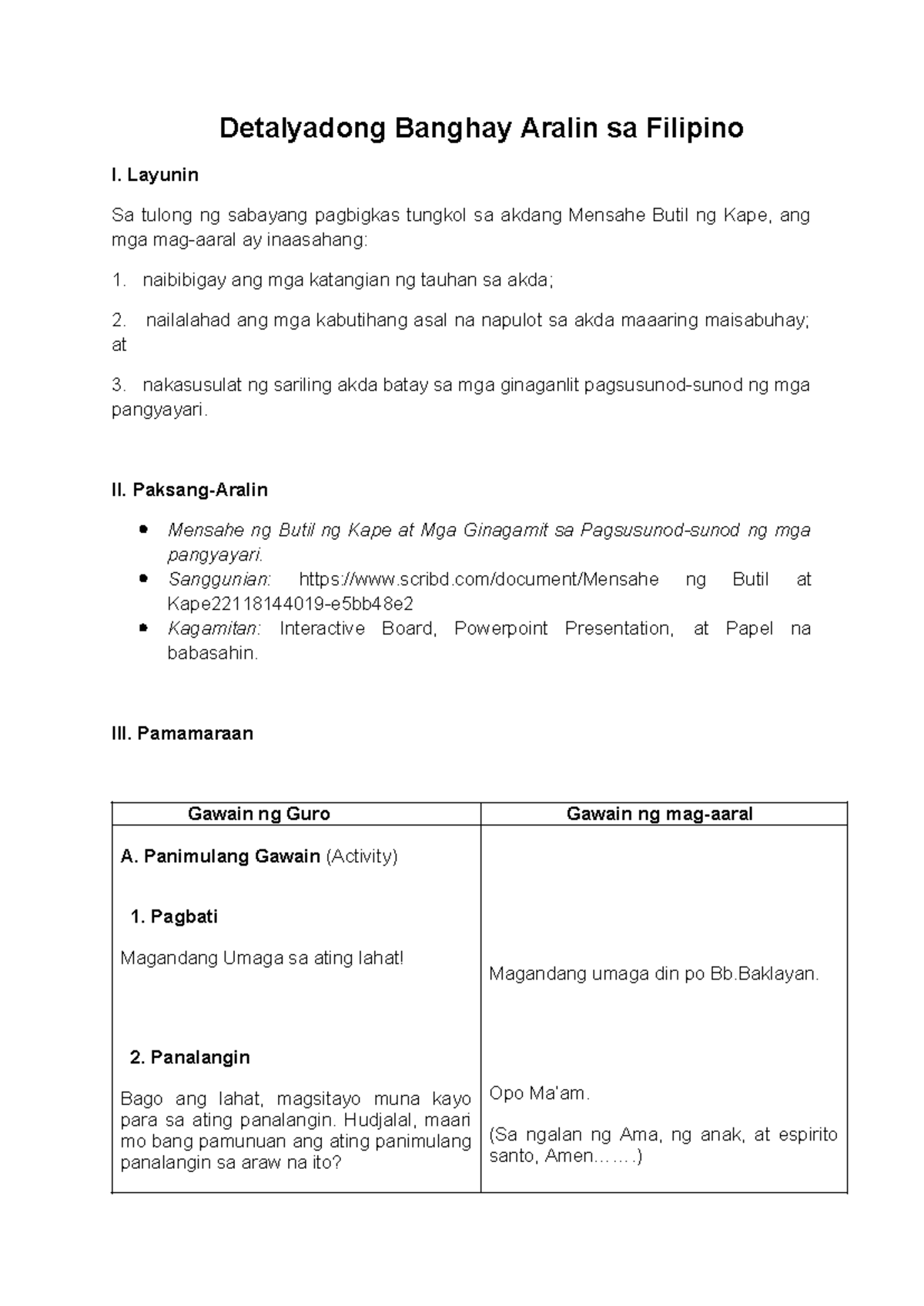 Banghay Aralin sa Parabula (Filipino) - Mensahe ng Butil ng Kape - Studocu