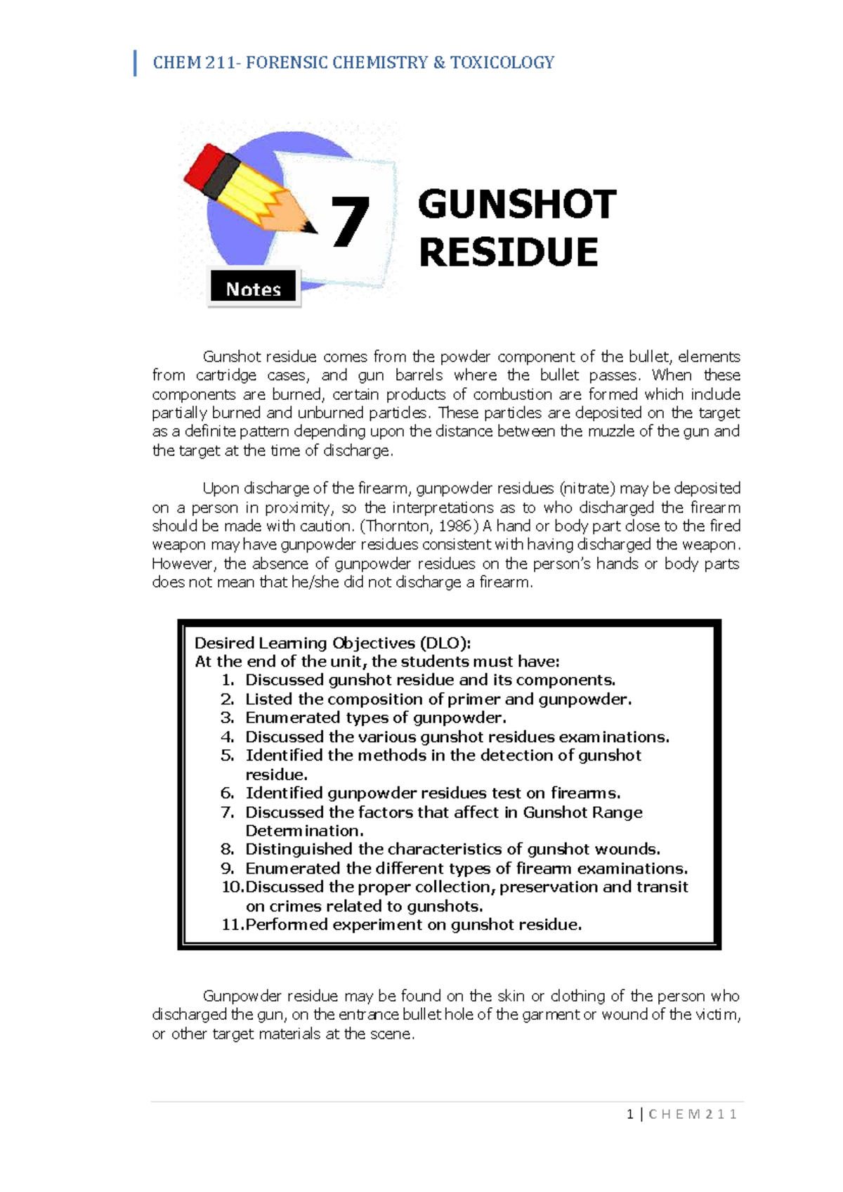 CHEM 211: Forensic Chemistry - Gunshot Residue Analysis Notes - Studocu