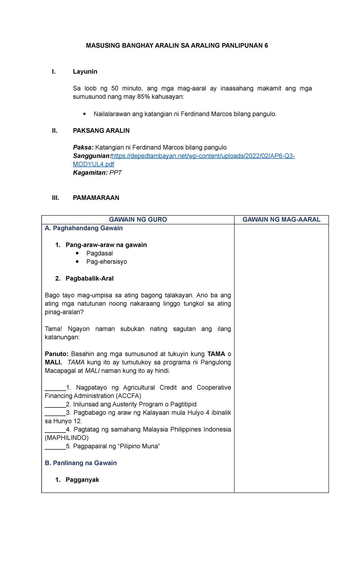 DAY 1 ( Lesson PLAN) - don't read or open the file. this is just for studocu - MASUSING BANGHAY ...