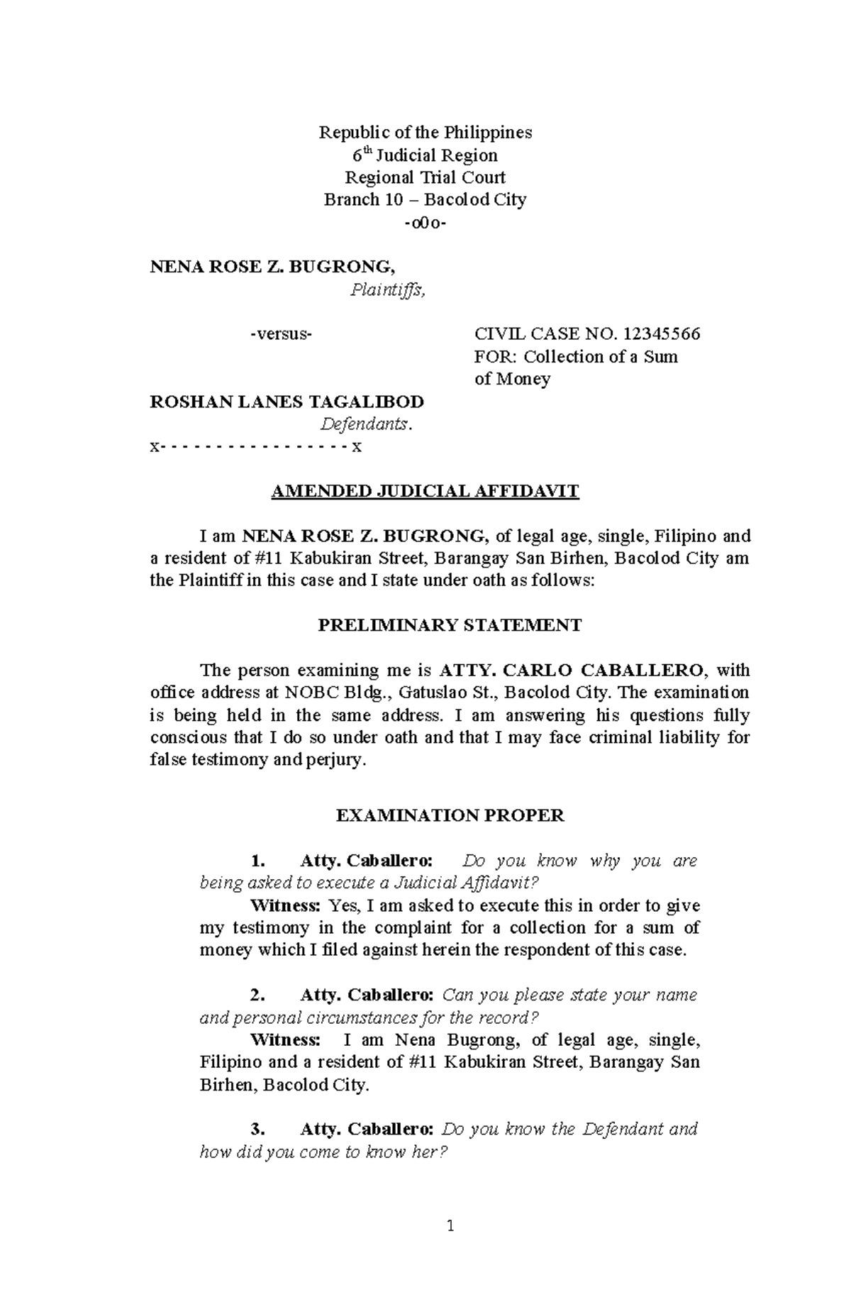 Civil Case No. 12345566: Amended Judicial Affidavit of Nena Rose Z ...