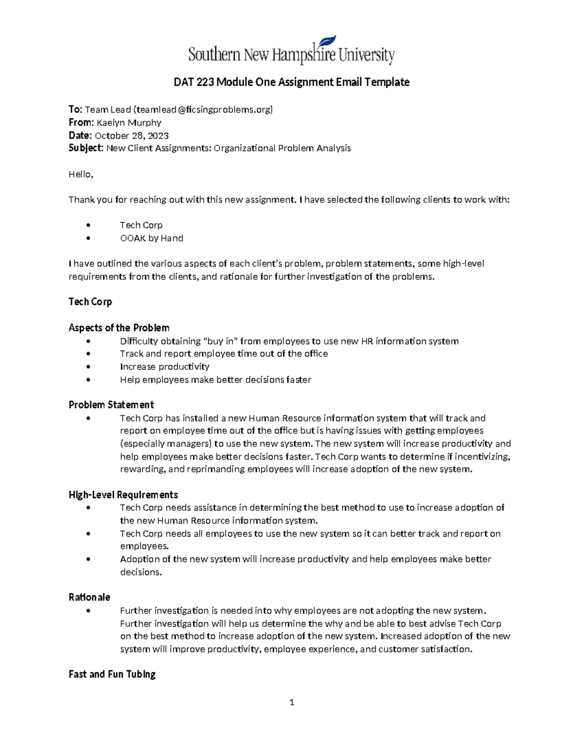 DAT 223 Module One Assignment: Analysis of Org. Problems and Solutions ...