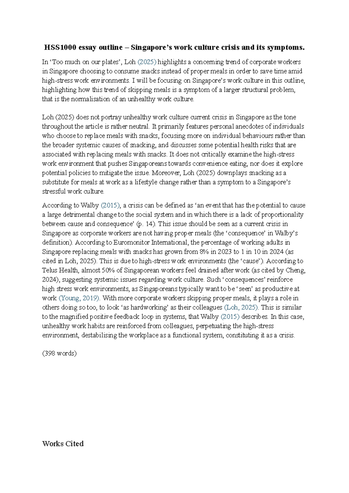 HSS1000 Essay Outline: Examining Singapore’s Work Culture Crisis - Studocu