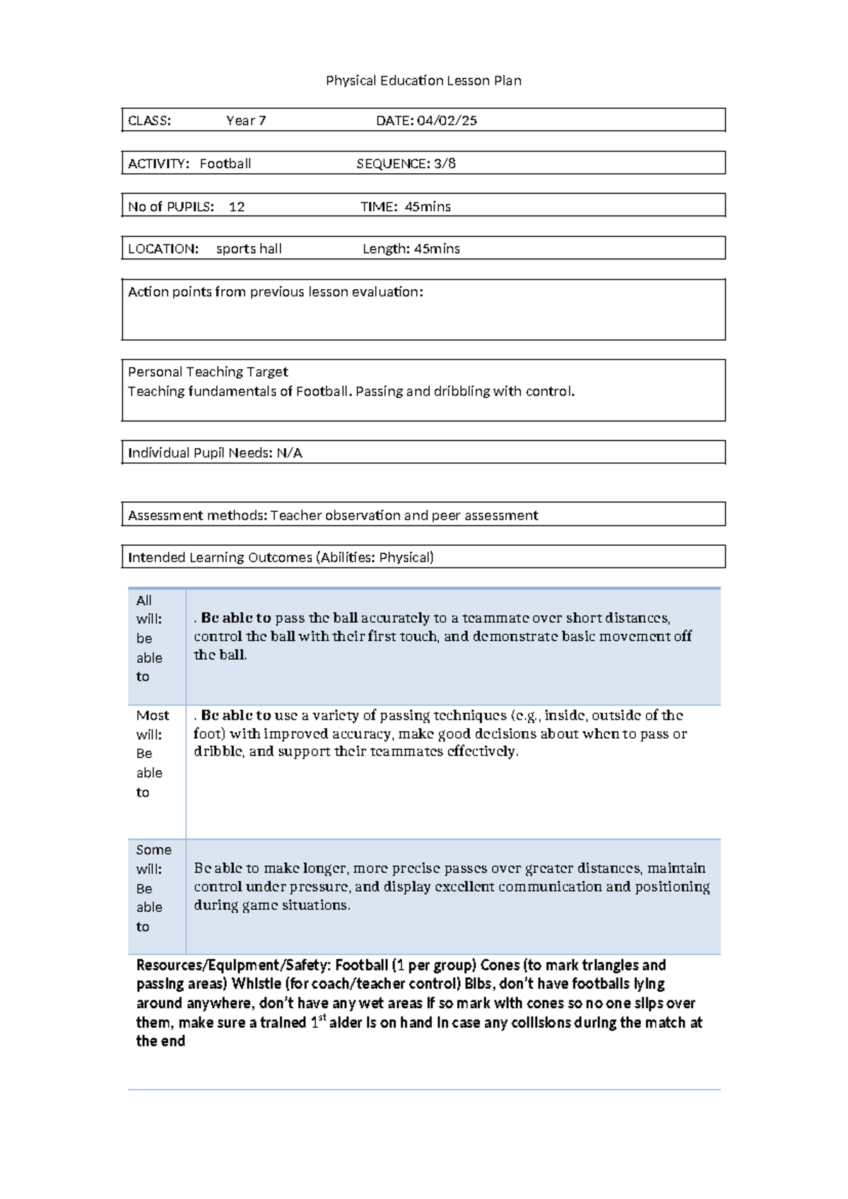 Year 7 Physical Education Football Lesson Plan - Studocu