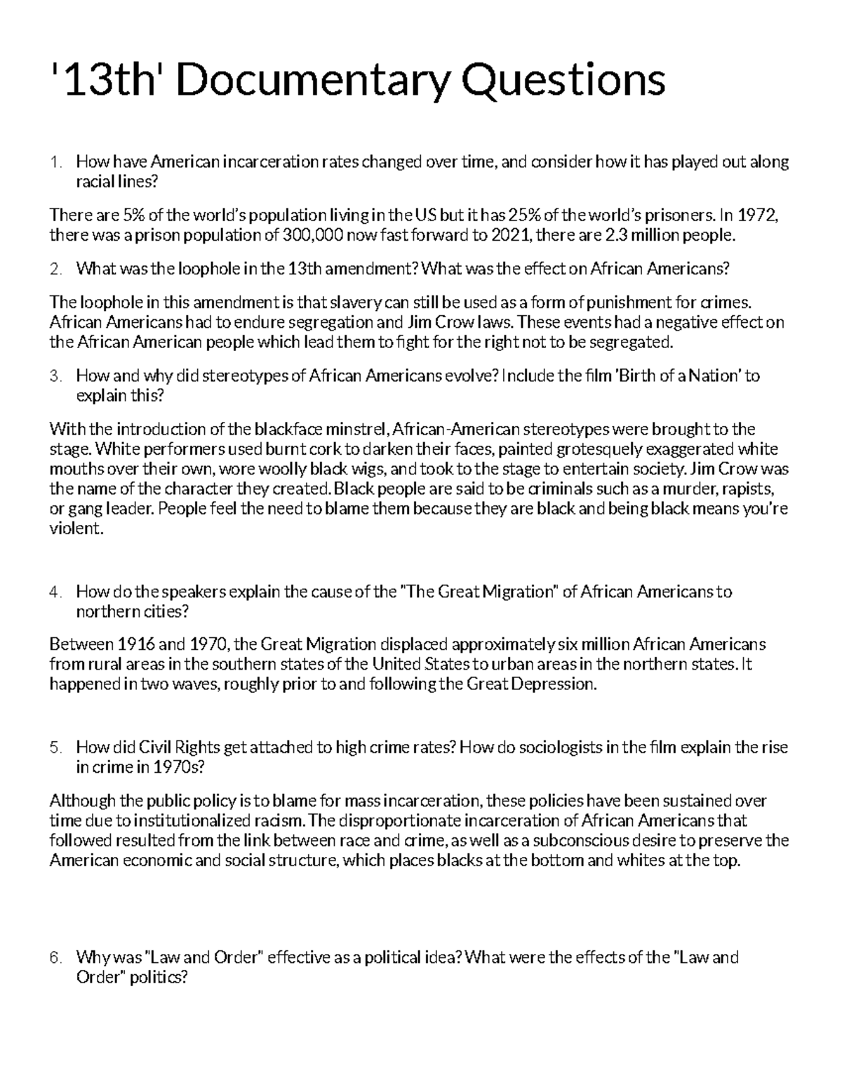 '13th' Documentary Analysis Questions for Critical Insight - Studocu