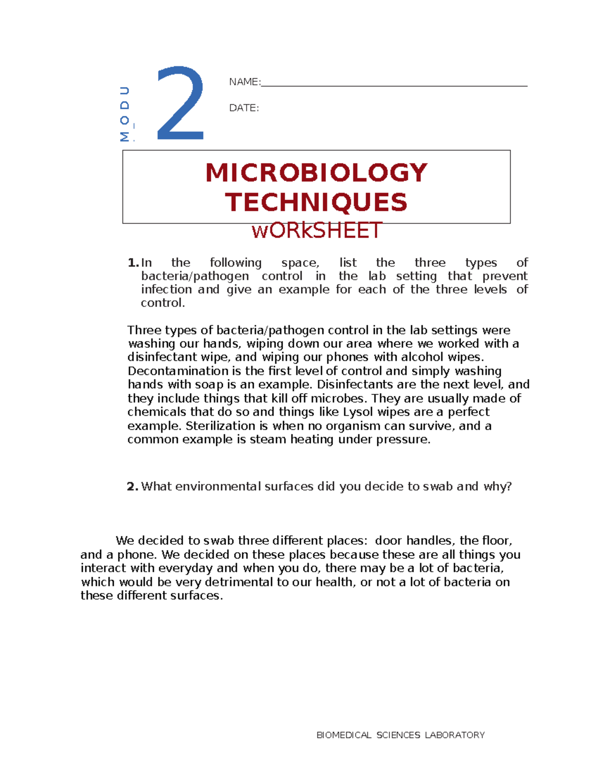 Module 2 - 2 NAME: DATE: MICROBIOLOGY TECHNIQUES wORkSHEET BIOMEDICAL ...