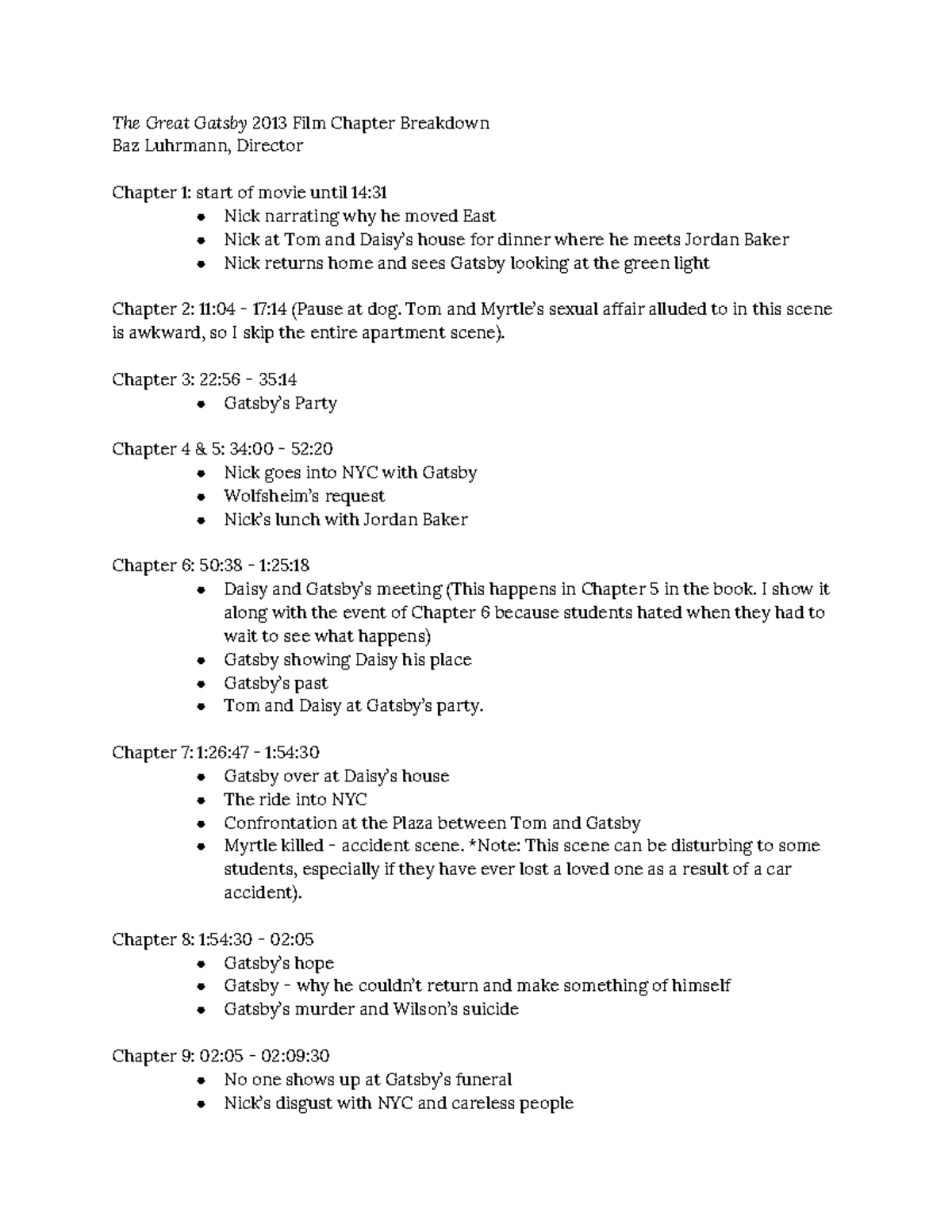 The Great Gatsby (2013) Film Chapter Breakdown Analysis - Studocu