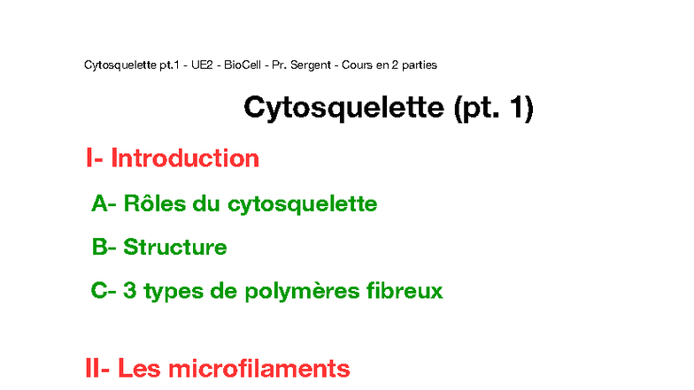 05 Cytosquelette Pt1 - Cytosquelette pt - UE2 - BioCell - Pr. Sergent ...