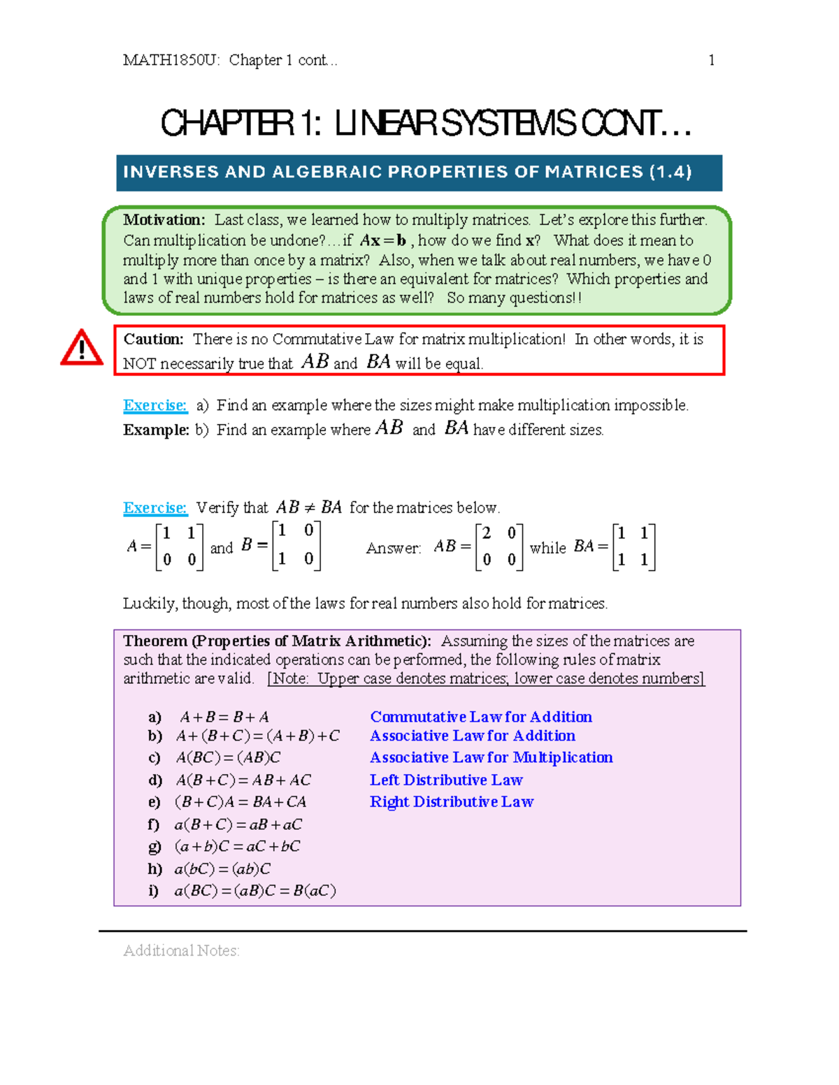 MATH1850U: Chapter 1 - Linear Systems & Matrix Inverses - Studocu
