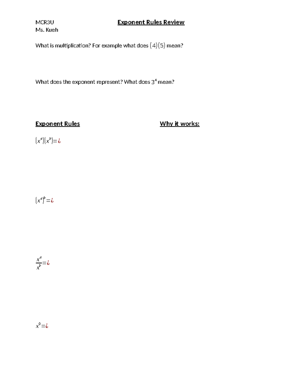 MCR3U Exponent Rules Lesson 1 Review Worksheet - Studocu