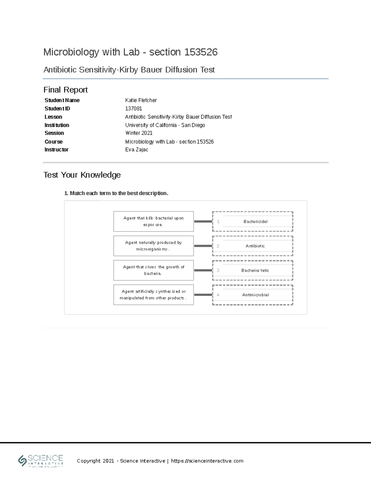 Microbiology 153526: Antibiotic Sensitivity - Kirby Bauer Test Report ...
