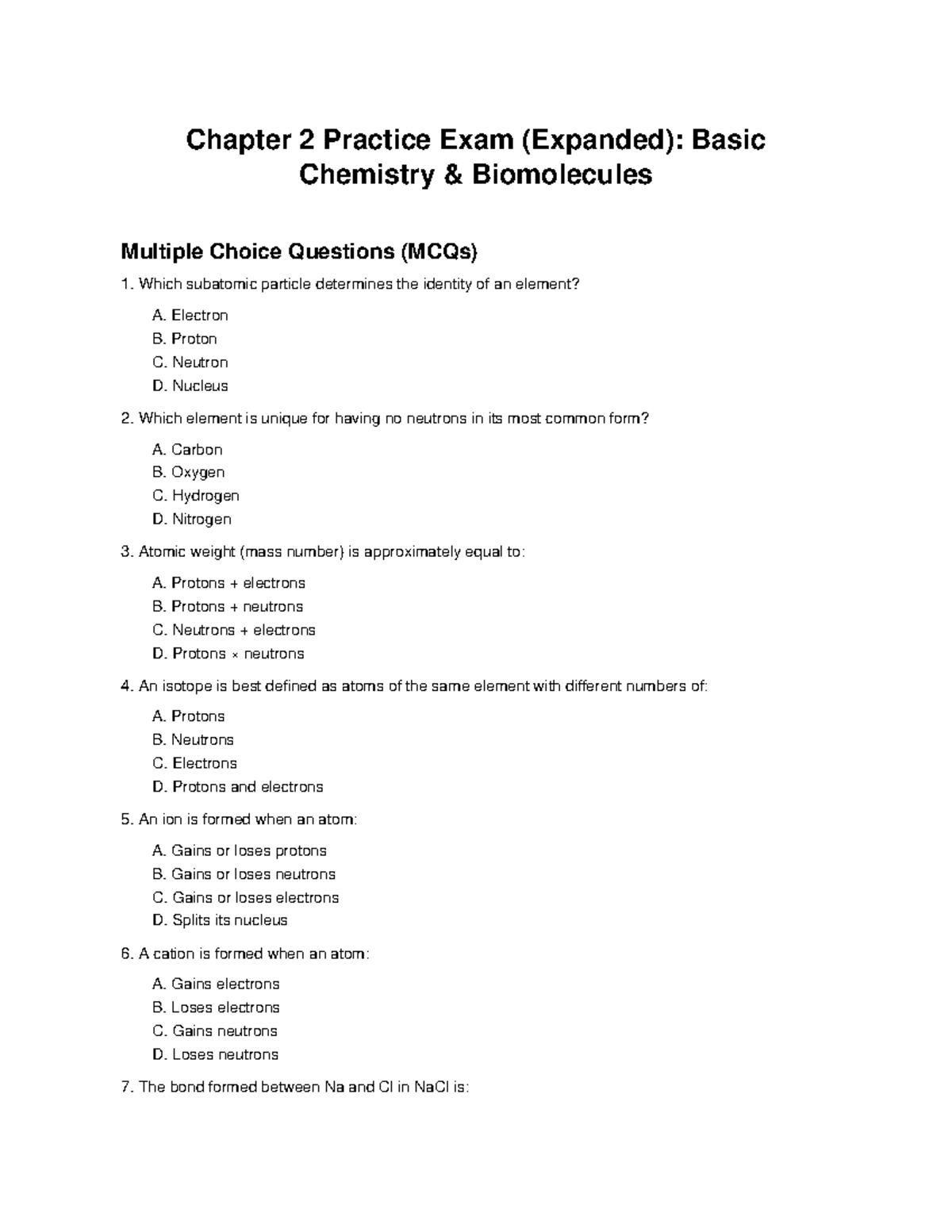 Chapter 2 Practice Exam (Expanded): Basic Chemistry & Biomolecules MCQs ...