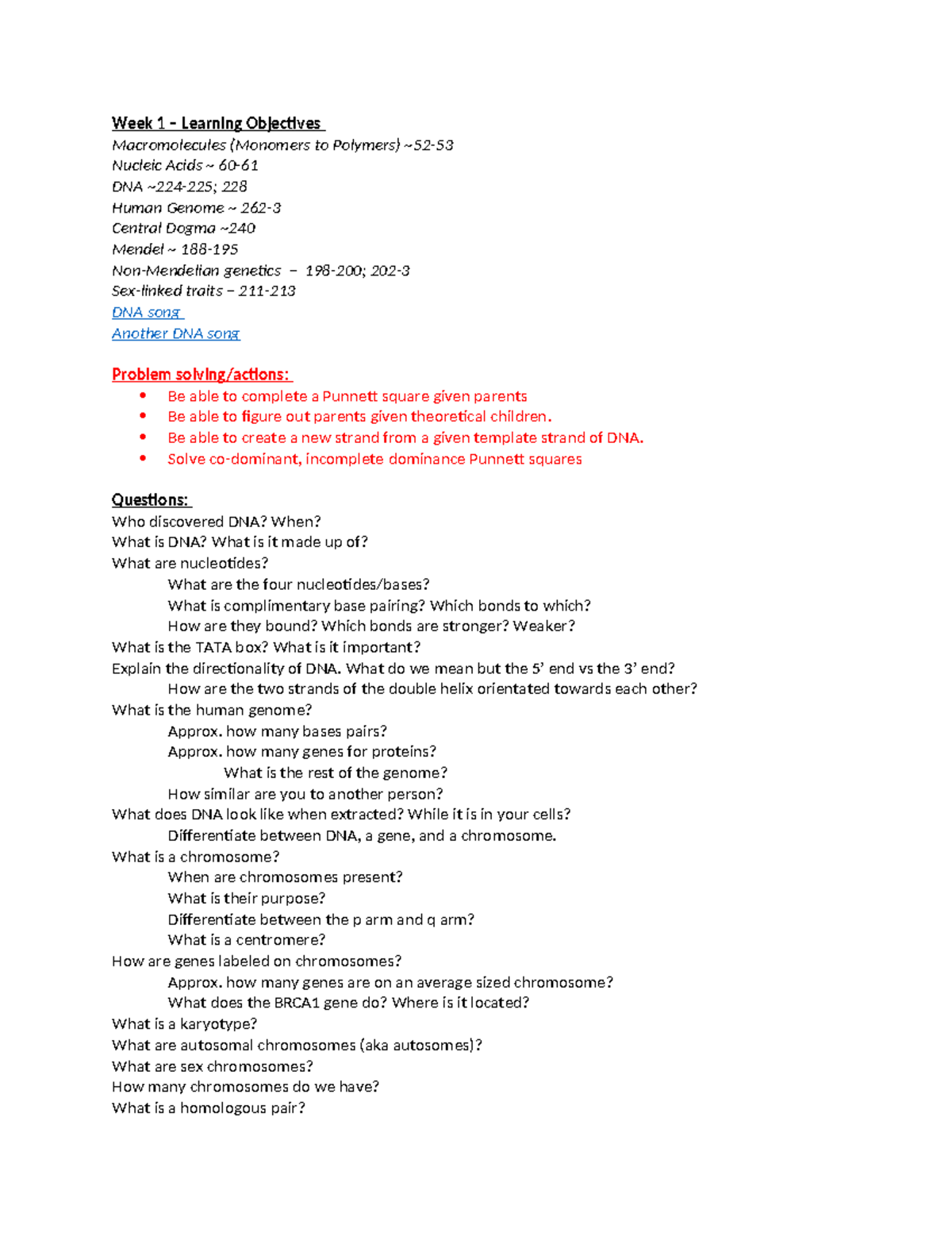 Learning Objectives for Week 9: Macromolecules & Genetics (DNA 228 ...