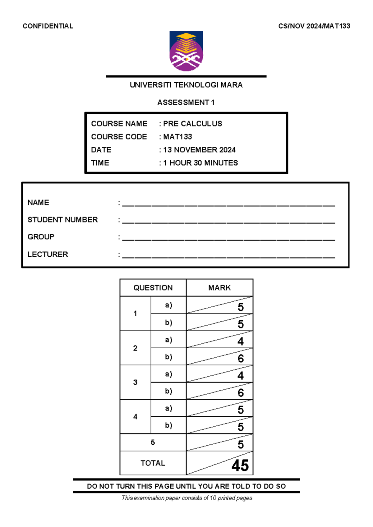 Assessment 1 Mat133 Pre Calculus Exam Questions Studocu
