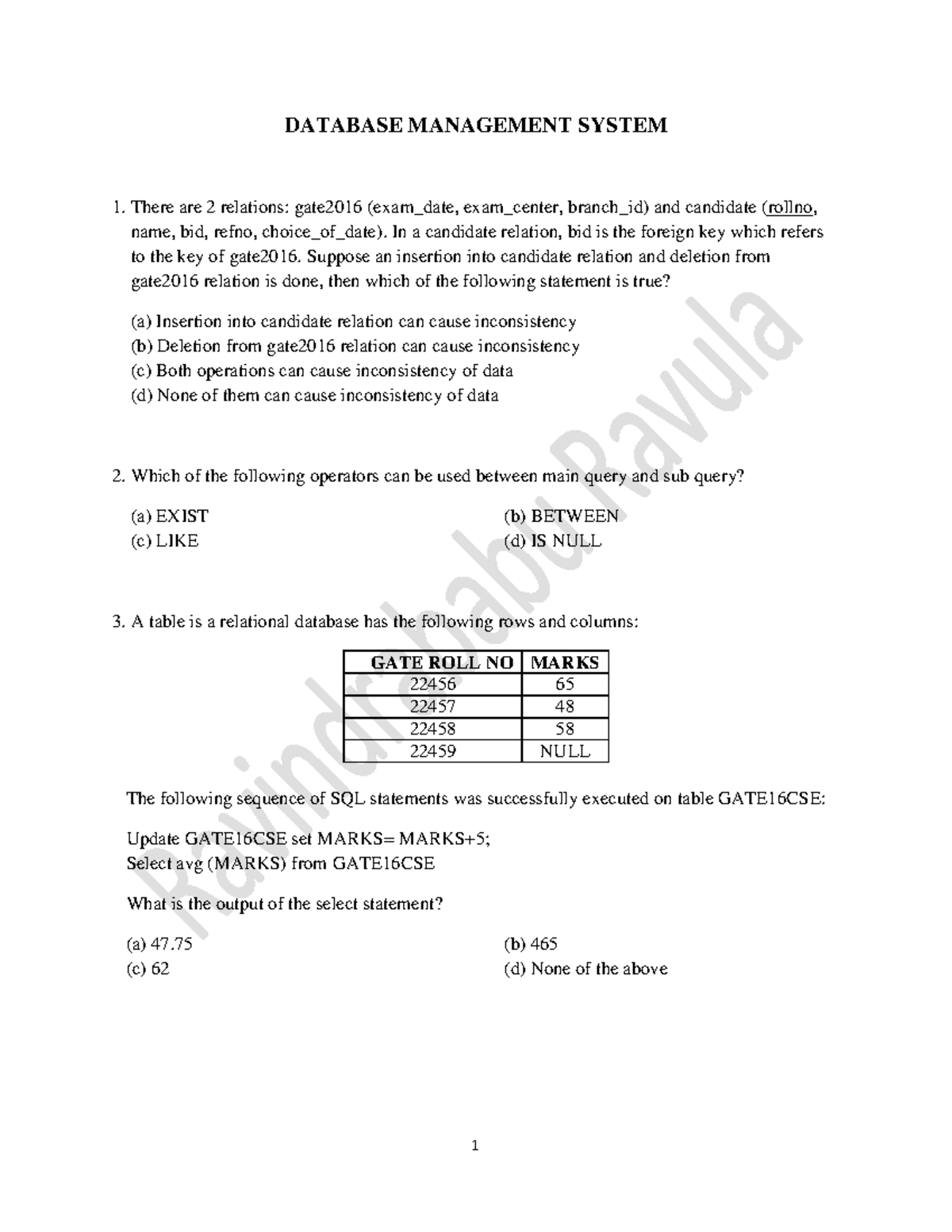 DATABASE MANAGEMENT SYSTEM Questions Set 9 - Analysis and SQL Queries - Studocu