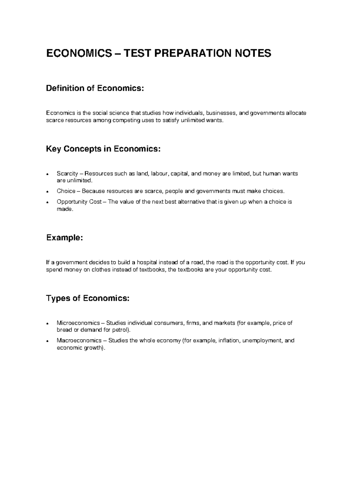 ECON 101: Economics Test Prep Notes on Key Concepts and Definitions ...