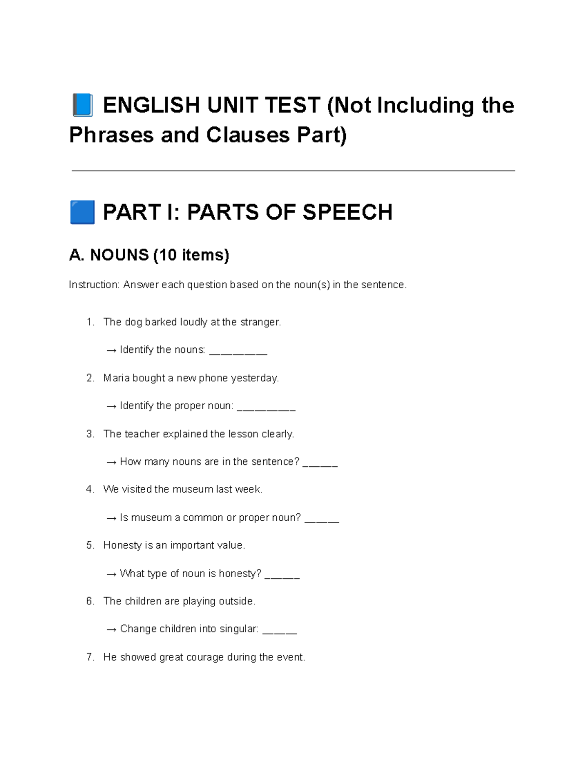 Practice Items for ENG028: English Unit Test on Parts of Speech - Studocu