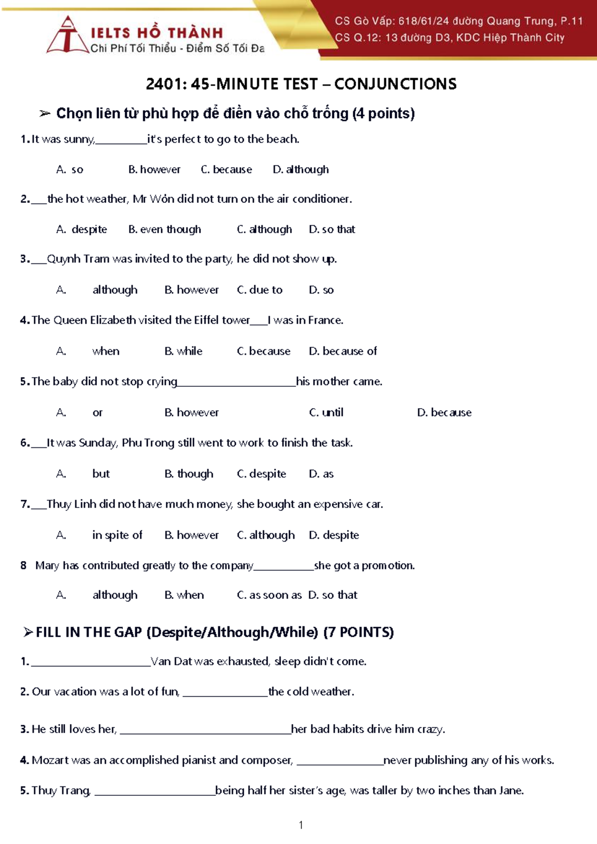 2401 - TEST Conjunctions - 2401: 45-MINUTE TEST – CONJUNCTIONS Chọn ...