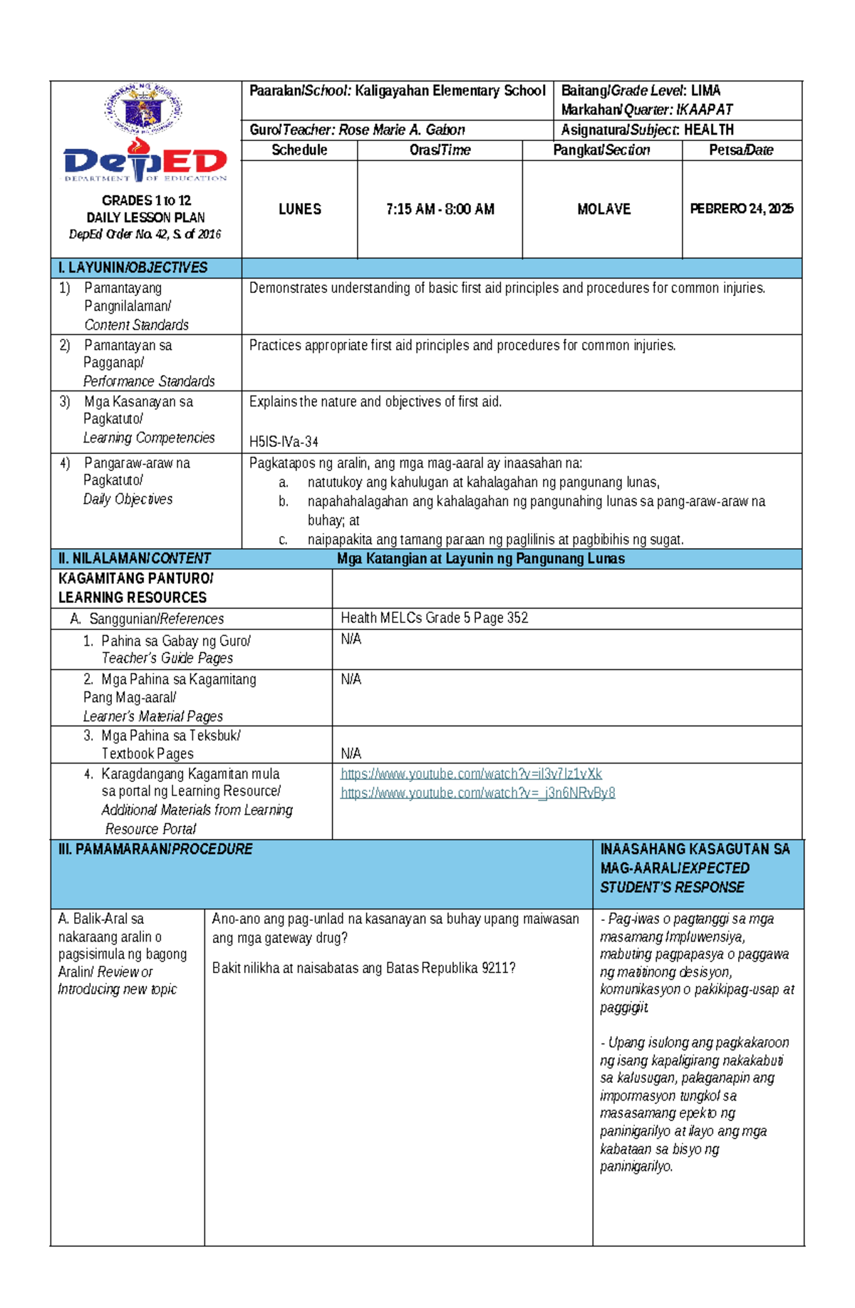 Grade 5 Health Lesson Plan: First Aid Principles and Practices - Studocu