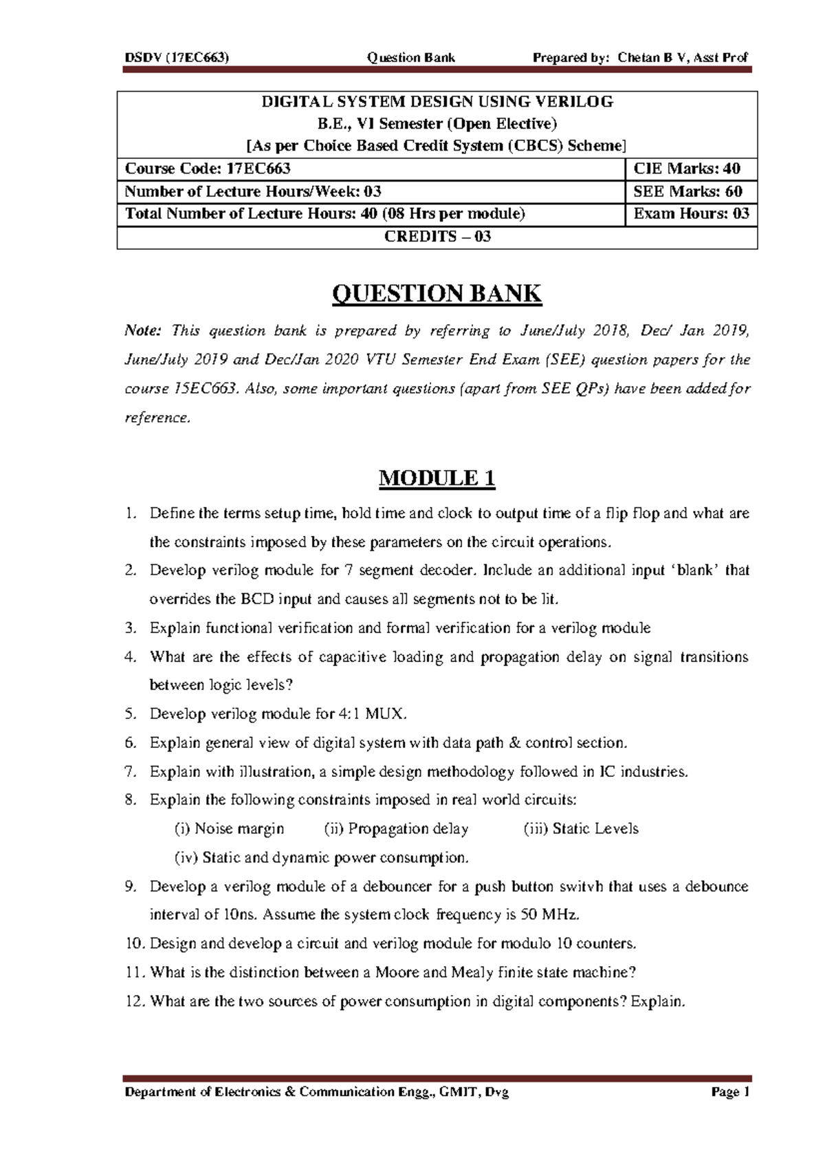 DSDV 17EC663 15EC663 Question Bank - DIGITAL SYSTEM DESIGN USING VERILOG B., VI Semester (Open ...