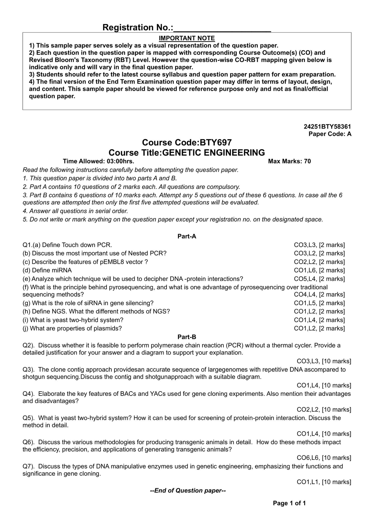 BTY697 Final Exam Sample Paper: Genetic Engineering Insights - Studocu