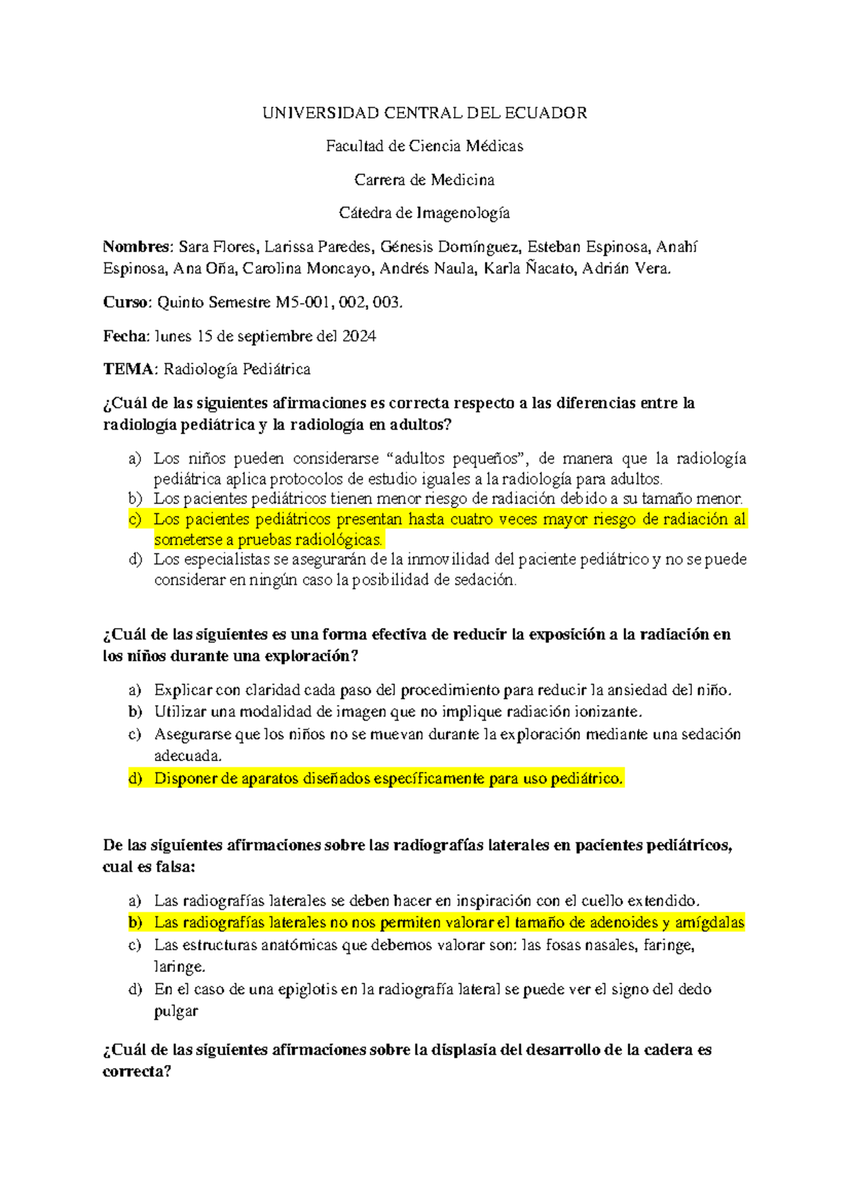 Cuestionario de Radiología Pediátrica - Quinto Semestre 002, 003 - Studocu