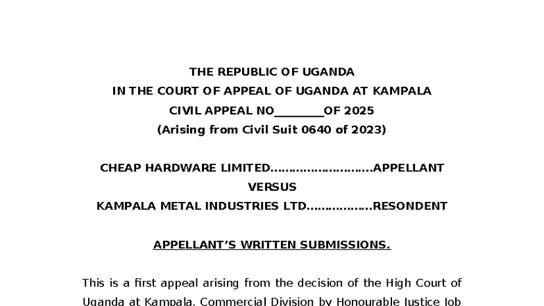 Civil Appeal 2025: Cheap Hardware vs Kampala Metal Industries - Written ...