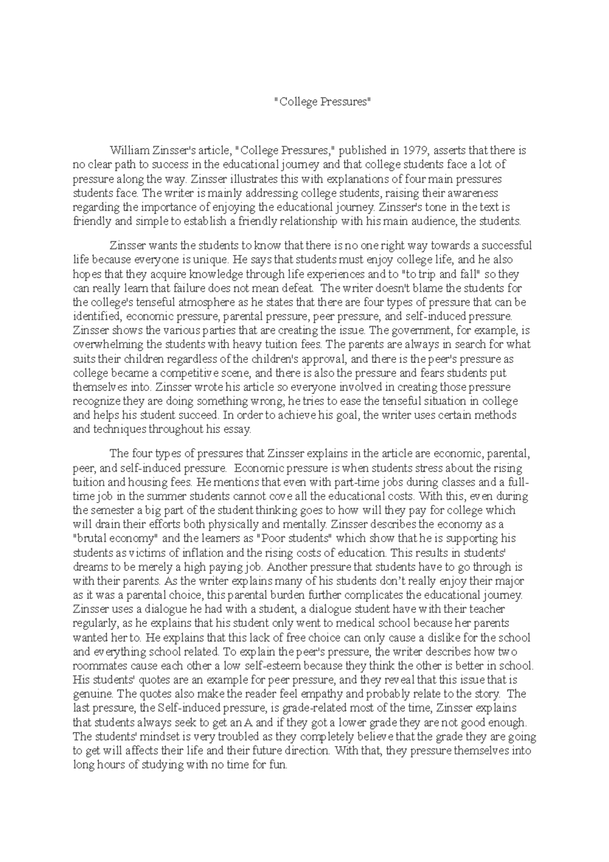 Understanding College Pressures: Insights from Zinsser's Analysis - Studocu