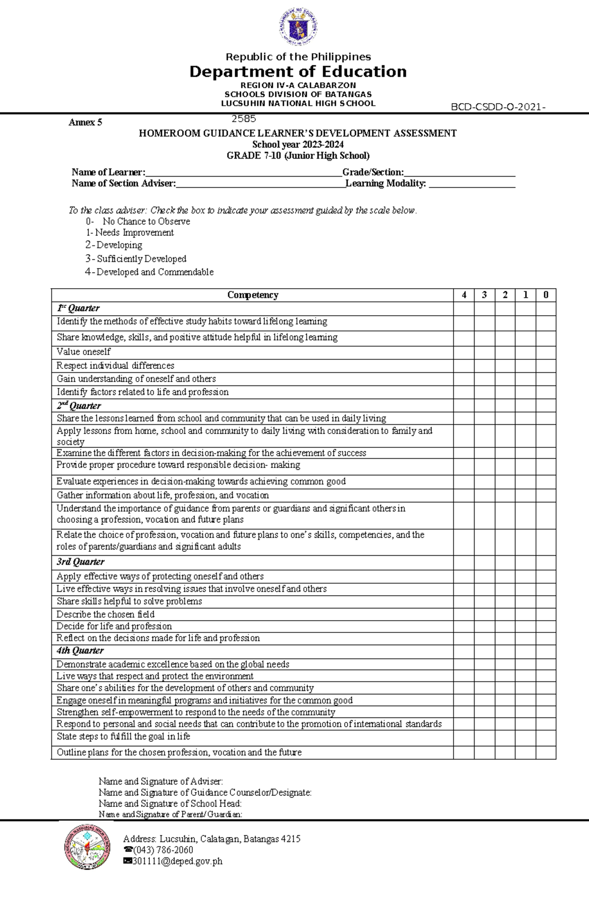 Annex 5 Homeroom Guidance Assessment for JHS Grades 7-10 HGP 2023 - Studocu