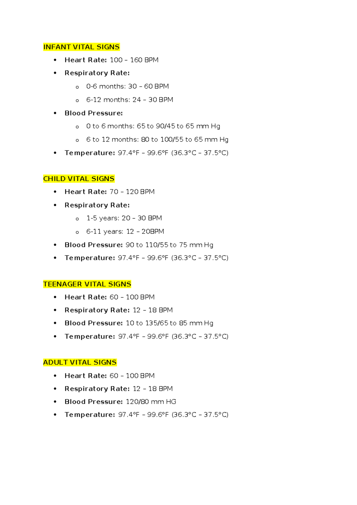Infant and Child Vital Signs Overview: Ranges and Norms - Studocu
