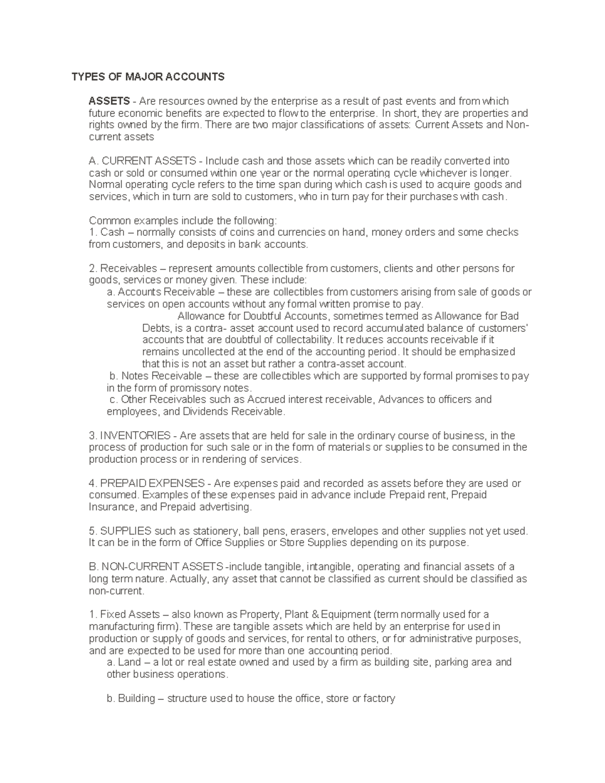 Types of Major Accounts - TYPES OF MAJOR ACCOUNTS ASSETS - Are ...