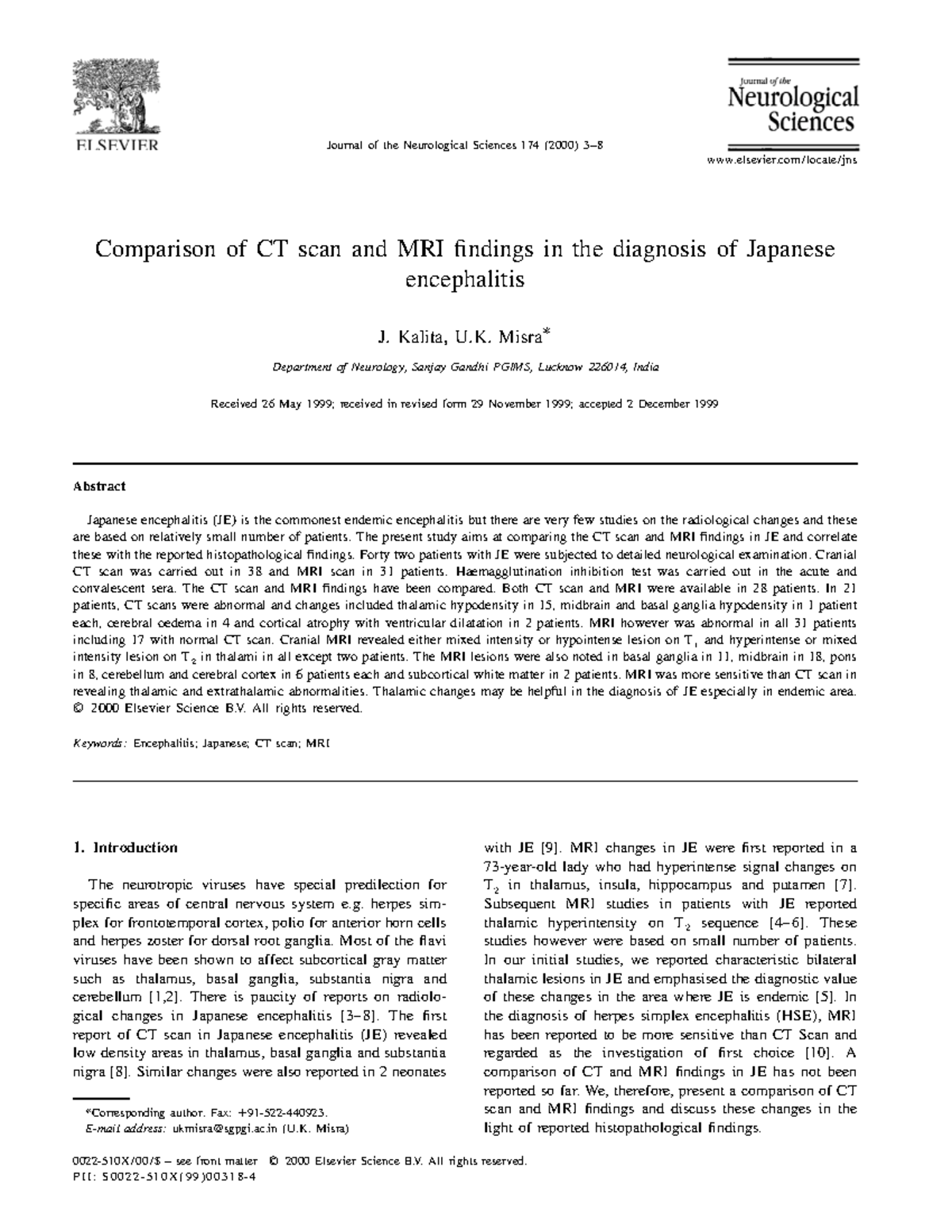 Comparison of CT and MRI Findings in Japanese Encephalitis (JNS 174 ...