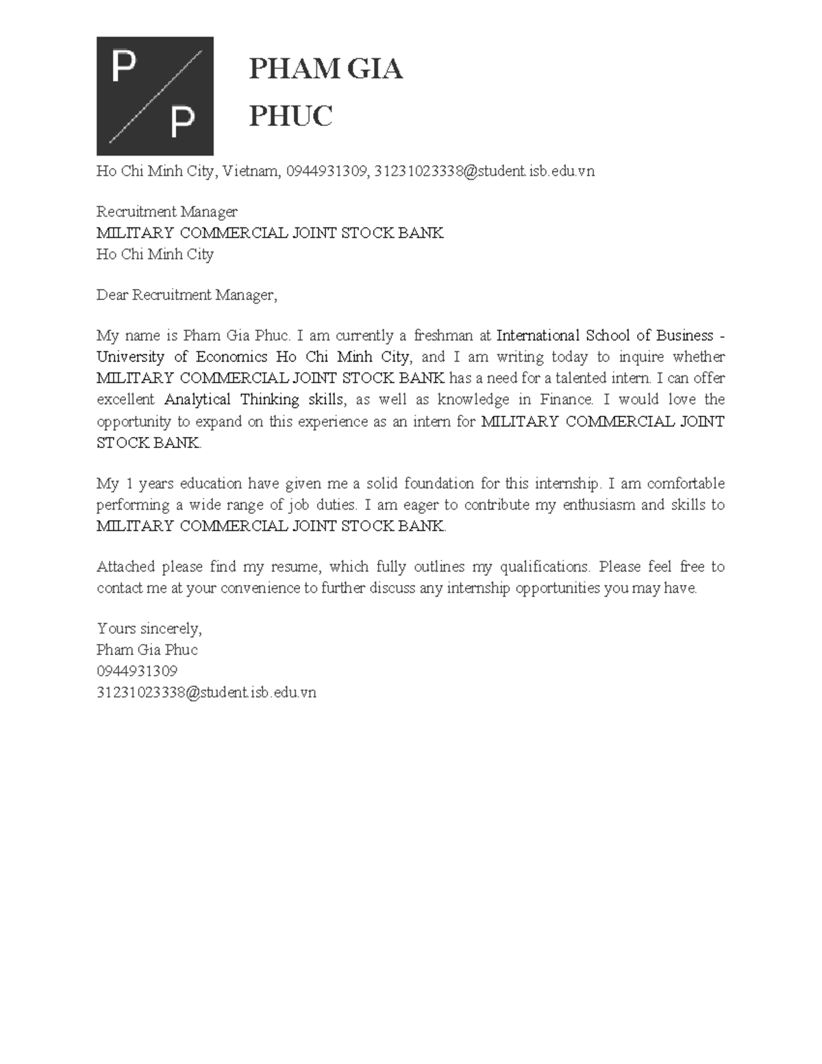 Pham Letter 1 - PHAM GIA PHUC Ho Chi Minh City, Vietnam, 0944931309 ...