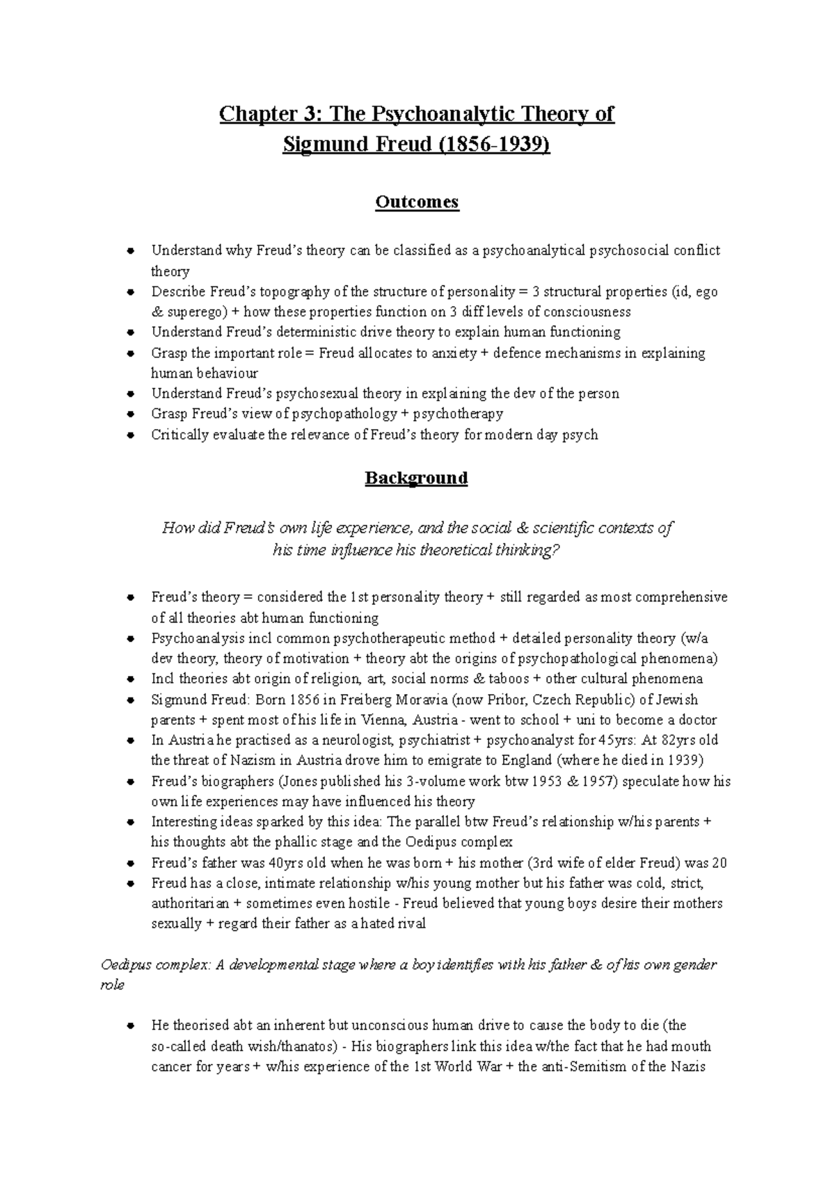 Psychology 213: Chapter 3 Exam Notes on Freud's Psychoanalytic Theory ...