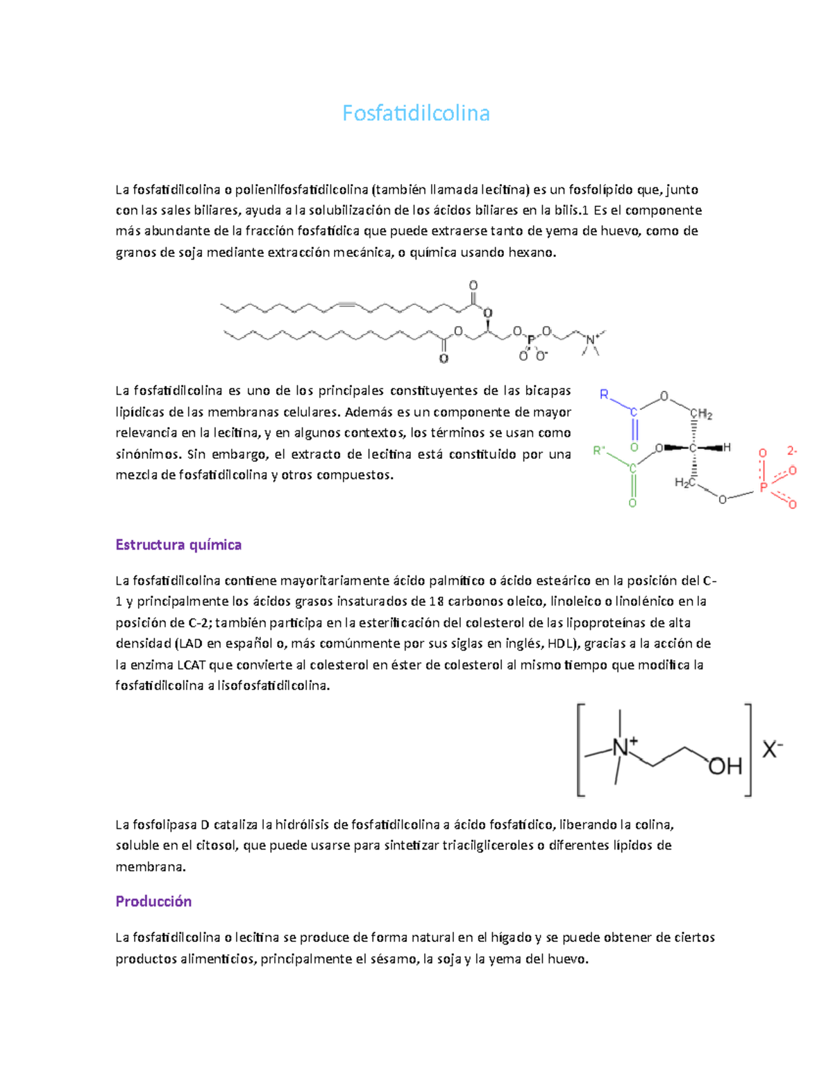 Fosfatidilcolina: Funciones, Beneficios y Composición Estructural - Studocu