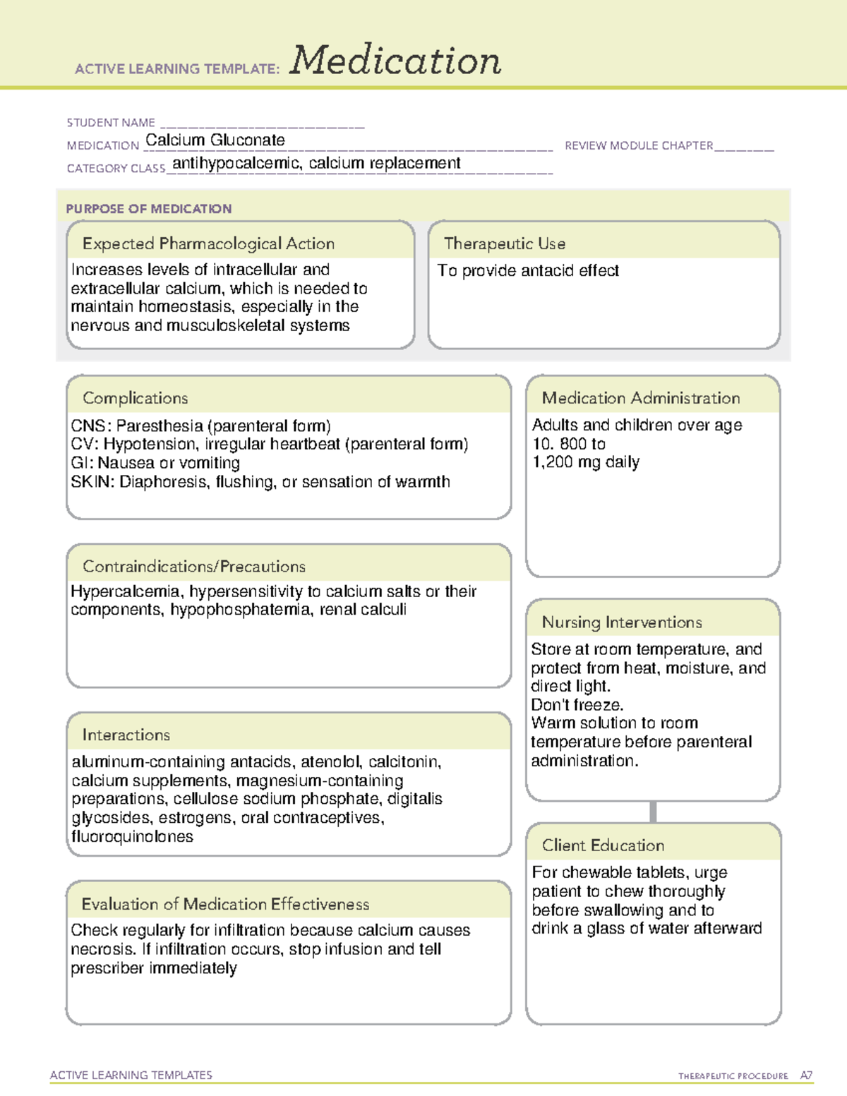 Calcium Gluconate 2 - Medication template - ACTIVE LEARNING TEMPLATES ...