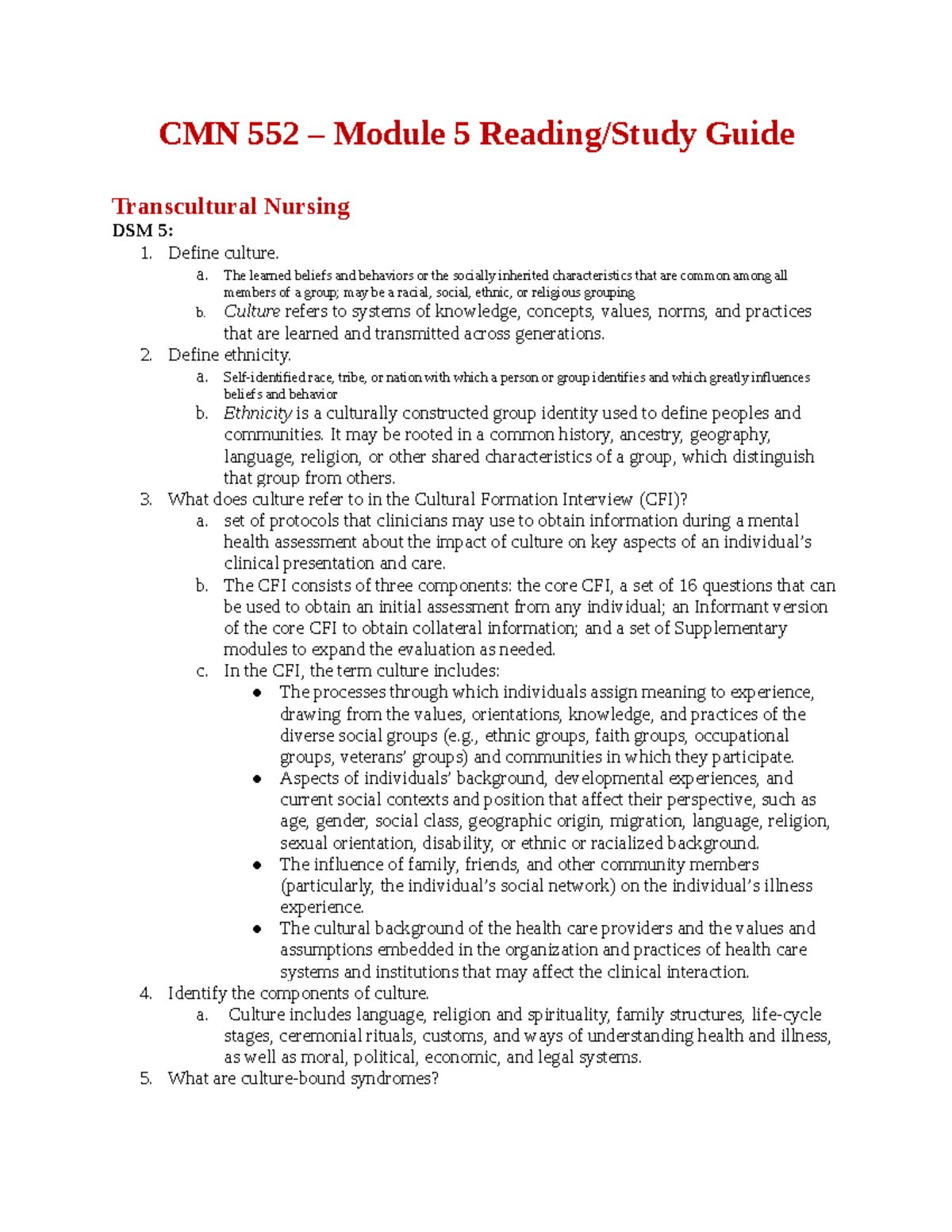 CMN 552 Module 5 Study Guide: Transcultural Nursing Concepts - Studocu