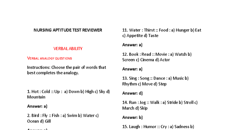 CET- Reviewer 2: Nursing Aptitude Test Verbal Ability Practice - Studocu