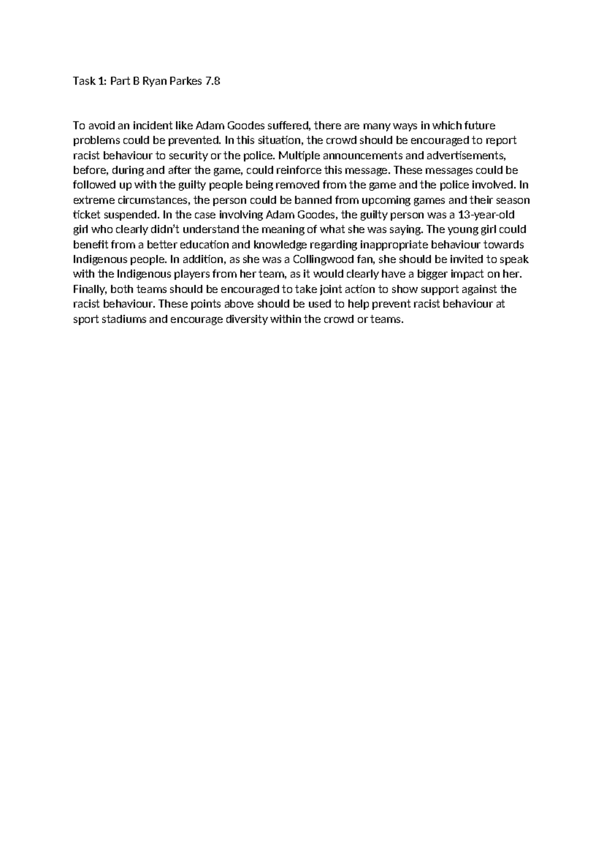Task 1: Part B - Preventing Racism in Sports Events - Studocu