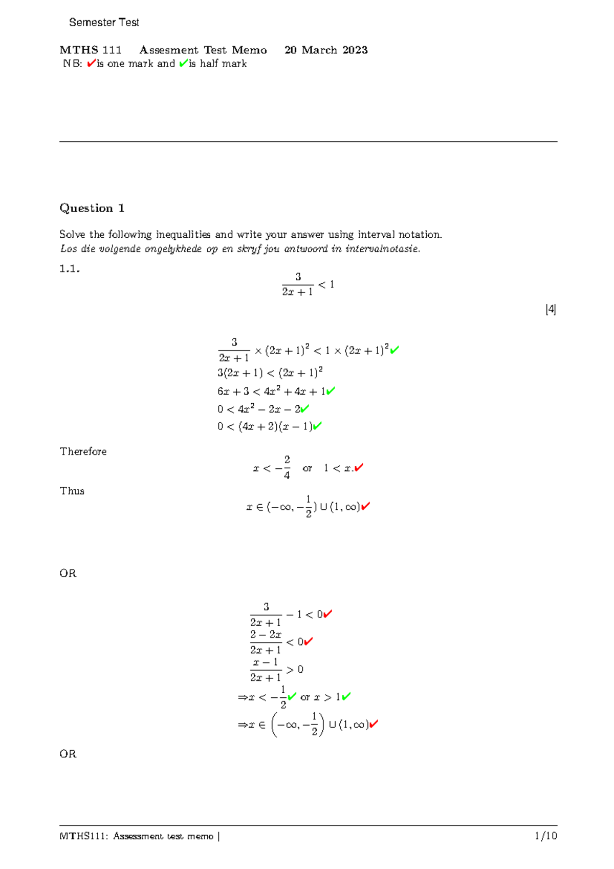 MTHS111 Semester Test 2023 - Assessment Memo - Studocu