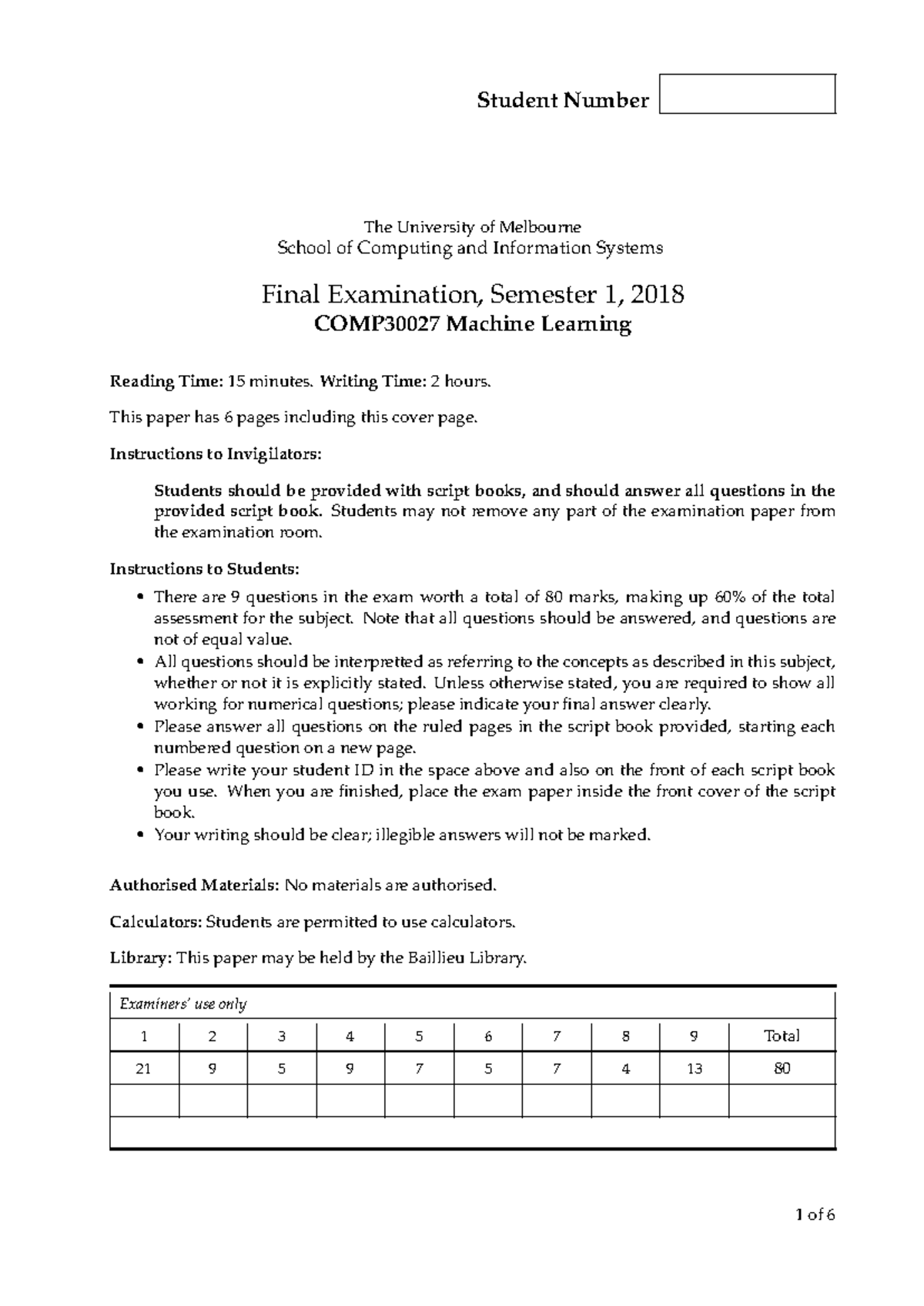 COMP30027 Machine Learning Final Exam Semester 1, 2018 - Studocu
